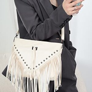 Hoce Women’s Leather Fringe Messenger Bag Hobo Crossbody Tassel Shoulder Bags, Beige