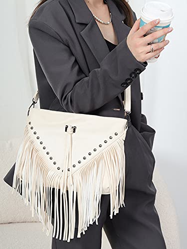 Hoce Women’s Leather Fringe Messenger Bag Hobo Crossbody Tassel Shoulder Bags, Beige