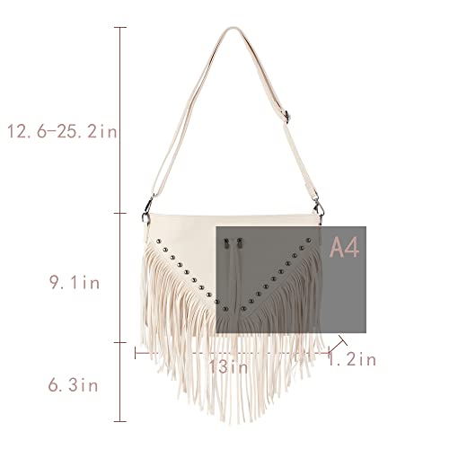 Hoce Women’s Leather Fringe Messenger Bag Hobo Crossbody Tassel Shoulder Bags, Beige