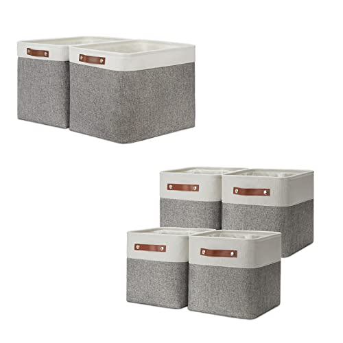 DULLEMELO Collapsible Bundle Baskets 2 Large Baskets 16"x12"x12" + 4 Cube Baskets 11"x11"x11"（White&Grey)