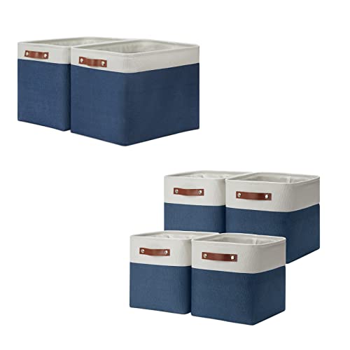 DULLEMELO Collapsible Bundle Baskets 2 Large Baskets 16"x12"x12" + 4 Cube Baskets 11"x11"x11"（White&Blue)