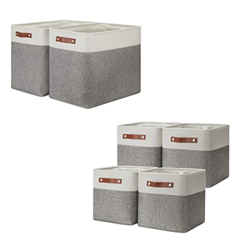 DULLEMELO Collapsible Bundle Baskets 2 Large Baskets 17"x12"x15" + 4 Cube Baskets 11"x11"x11"（White&Grey)