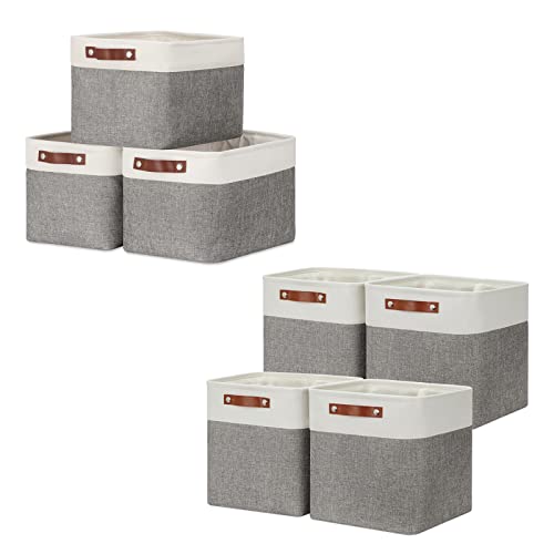 DULLEMELO Collapsible Bundle Baskets 3 Medium Baskets 15"x11"x9.5" + 4 Cube Baskets 12"x12"x12"（White&Grey