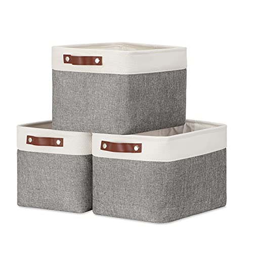 DULLEMELO Collapsible Bundle Baskets 3 Medium Baskets 15"x11"x9.5" + 4 Cube Baskets 12"x12"x12"（White&Grey