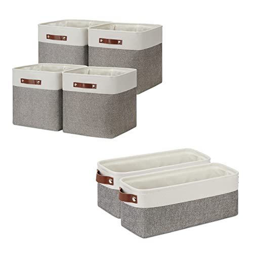 DULLEMELO Collapsible Bundle Baskets 2 Narrow Baskets 15"x6"x5.5" + 4 Cube Baskets 13"x13"x13"（White&Grey)