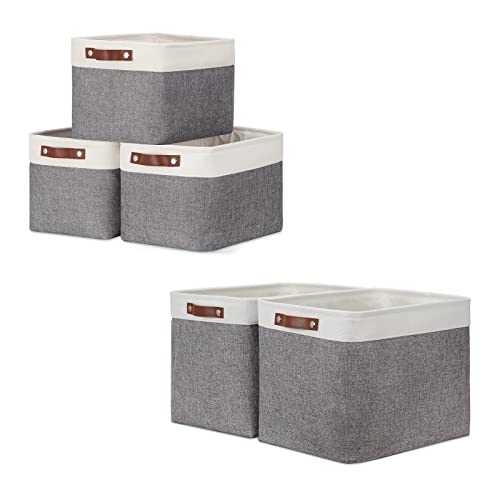 DULLEMELO Collapsible Bundle Baskets 3 Medium Baskets 15"x11"x9.5" + 2 Large Baskets 16"x12"x12"（White&Grey)