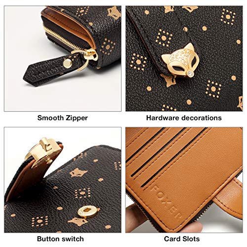 FOXLOVER Small Cute Wallets for Women, Ladies Vegan Leather Zipper Purses Credit Card Holders Womens Brand Signature Wallet (Brown1)