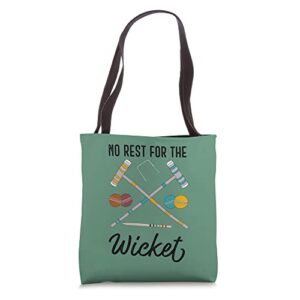 no rest for the wicket funny croquet game graphic tote bag