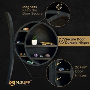 MJUFF 16" Wooden Moon Shelf for Crystals and Essential Oils - Crystal Shelf Display with Magnetic Door - Wiccan Decor Crystal Organizer - Round Wall Shelf for Unique Home Decor