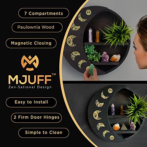 MJUFF 16" Wooden Moon Shelf for Crystals and Essential Oils - Crystal Shelf Display with Magnetic Door - Wiccan Decor Crystal Organizer - Round Wall Shelf for Unique Home Decor