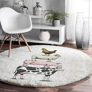 farmhouse area rug cow pig sheep and chicken farm animals round rug fluffy floor carpet soft rug rusic bakcground non-slip throw rug 4′ diameter for living room, bedroom, apartment, sofa