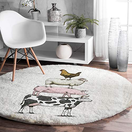 Farmhouse Area Rug Cow Pig Sheep and Chicken Farm Animals Round Rug Fluffy Floor Carpet Soft Rug Rusic Bakcground Non-Slip Throw Rug 4' Diameter for Living Room, Bedroom, Apartment, Sofa