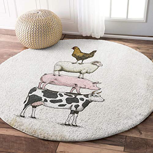 Farmhouse Area Rug Cow Pig Sheep and Chicken Farm Animals Round Rug Fluffy Floor Carpet Soft Rug Rusic Bakcground Non-Slip Throw Rug 4' Diameter for Living Room, Bedroom, Apartment, Sofa