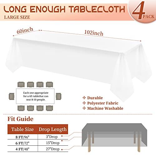 Showgeous 4 Pack White Tablecloth 60 x 102 Inch, Rectangle Table Cloth for 6 Foot Table, Wrinkle Resistant Washable Polyester Table Cover for Wedding Dining Table Buffet Parties and Camping