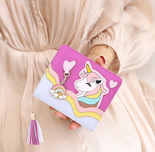 UTO Wallet for Girls Cute Unicorn Leather Vegan Small Women Tassel Rainbow Pendant Card Holder Kawaii Coin Purse