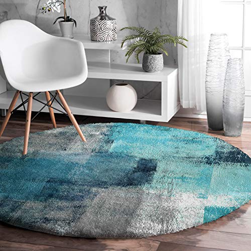 Graffiti Area Rug Turquoise and Grey Abstract Paint Round Rug Fluffy Floor Carpet Soft Rug Modern Art Non-Slip Throw Rug 4' Diameter for Living Room, Bedroom, Apartment, Sofa