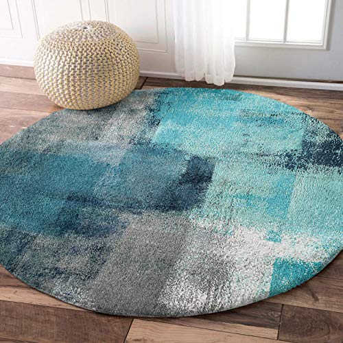 Graffiti Area Rug Turquoise and Grey Abstract Paint Round Rug Fluffy Floor Carpet Soft Rug Modern Art Non-Slip Throw Rug 4' Diameter for Living Room, Bedroom, Apartment, Sofa