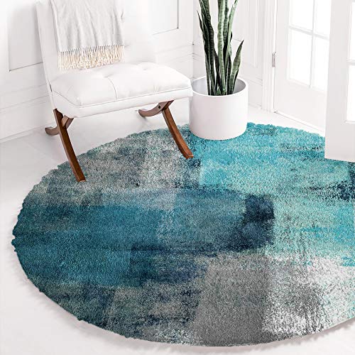 Graffiti Area Rug Turquoise and Grey Abstract Paint Round Rug Fluffy Floor Carpet Soft Rug Modern Art Non-Slip Throw Rug 4' Diameter for Living Room, Bedroom, Apartment, Sofa