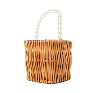 dedemco woven rattan storage basket with pearl handles,wedding flower girl baskets,straw beach bags purse wicker tote drawstring closure,square,5.3×5.5 in, 5.3×5.5 inch