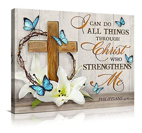 WALLOHERE Scripture Wall Art Christian Religious Decor Canvas Prints Floral Butterfly Painting Christ Faith Spiritual Posters Artworks Framed For Living Room Bedroom Ready To Hang12''x16''