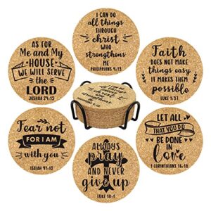 homythe christian gifts for women men, bible verse scripture coasters with inspirational thoughts and prayers, religious housewarming gift for friends family, 6 pcs cork coasters with metal holder