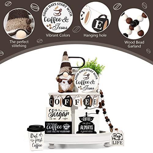 13 Pieces Coffee Bar Tiered Tray Decor Signs Set Coffee Plush Gnome Coffee Bar Wooden Signs Coffee Flag Wooden Bead Garland Decoration for Coffee Bar Coffee Station Shelf Mantel