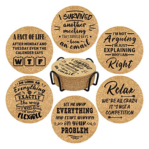 Homythe Office Gifts for Coworkers, Novelty Gifts for New Colleagues Employees Boss, Funny Office Desk Coasters, 6 Pcs Drink Coasters with Metal Holder, Humorous Birthday Gifts for Men Women