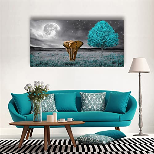 Canvas Wall Art Moon and Tree Picture Prints Paintings for Living Room Home Decor Black and White Background Animal Elephant Landscape for Bedroom Wall Decoration Natural Artwork 20x40Inches