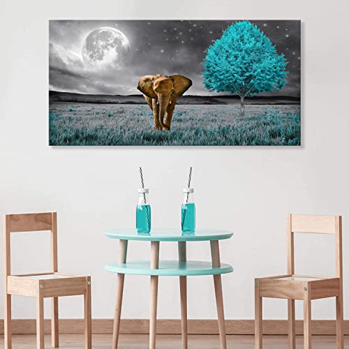 Canvas Wall Art Moon and Tree Picture Prints Paintings for Living Room Home Decor Black and White Background Animal Elephant Landscape for Bedroom Wall Decoration Natural Artwork 20x40Inches