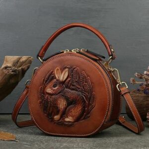 Handmade Women Genuine Cow Leather Shoulder Bag Handbag Purse Tote Rabbit Embossed Crossbody For Girl,For Women (Brown)