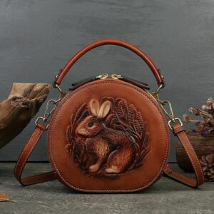 Handmade Women Genuine Cow Leather Shoulder Bag Handbag Purse Tote Rabbit Embossed Crossbody For Girl,For Women (Brown)