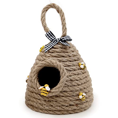 Huray Rayho Bee Hive Decor Honey Bee Tiered Tray Decor Bumble Bee Decorations for Home Mini Jute Bee Skep with The Loop Farmhouse Kitchen Summer Spring Decor Natural House Bee Theme Party Decor