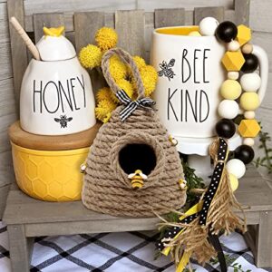 Huray Rayho Bee Hive Decor Honey Bee Tiered Tray Decor Bumble Bee Decorations for Home Mini Jute Bee Skep with The Loop Farmhouse Kitchen Summer Spring Decor Natural House Bee Theme Party Decor