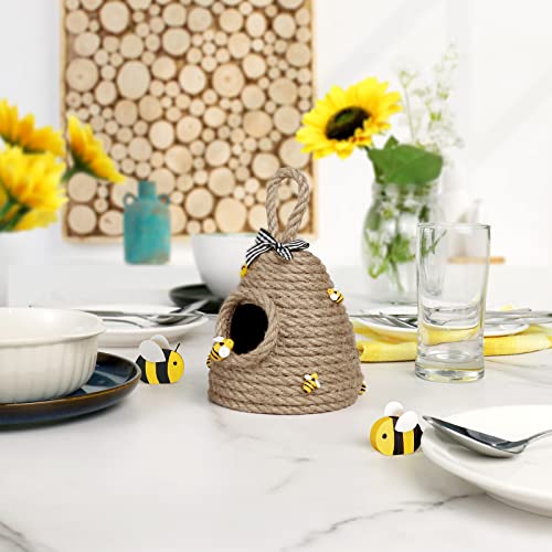 Huray Rayho Bee Hive Decor Honey Bee Tiered Tray Decor Bumble Bee Decorations for Home Mini Jute Bee Skep with The Loop Farmhouse Kitchen Summer Spring Decor Natural House Bee Theme Party Decor