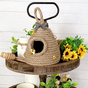 Huray Rayho Bee Hive Decor Honey Bee Tiered Tray Decor Bumble Bee Decorations for Home Mini Jute Bee Skep with The Loop Farmhouse Kitchen Summer Spring Decor Natural House Bee Theme Party Decor