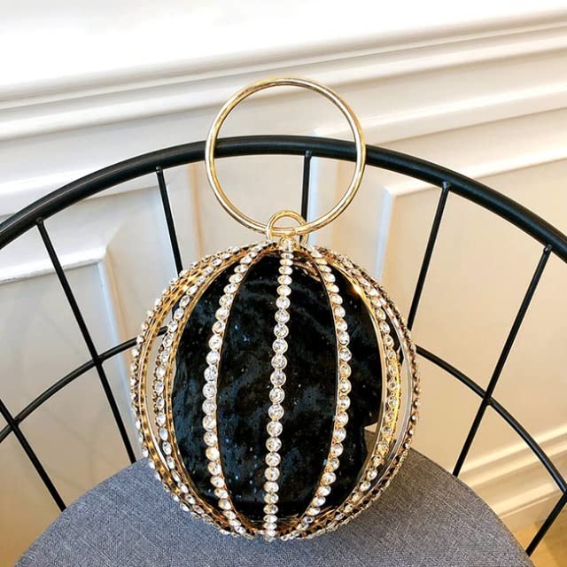 SJYDQ Rhinestone Ball Cage Evening Clutch Women's Cutout Bling Alloy Dinner Purses and Totes Women's Round Metal Handles (Color : Black, Size : One Size)