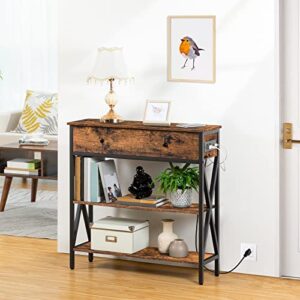 HOOBRO Console Table with Outlets and USB Ports, Narrow Entryway Table with Drawer, Small Sofa Table with 2 Storage Shelves, Behind Couch, Living Room, Hallway, Foyer, Kitchen, Rustic Brown BF88XG01