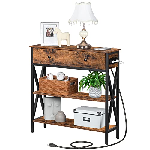 HOOBRO Console Table with Outlets and USB Ports, Narrow Entryway Table with Drawer, Small Sofa Table with 2 Storage Shelves, Behind Couch, Living Room, Hallway, Foyer, Kitchen, Rustic Brown BF88XG01