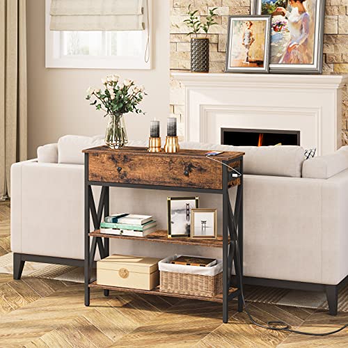 HOOBRO Console Table with Outlets and USB Ports, Narrow Entryway Table with Drawer, Small Sofa Table with 2 Storage Shelves, Behind Couch, Living Room, Hallway, Foyer, Kitchen, Rustic Brown BF88XG01