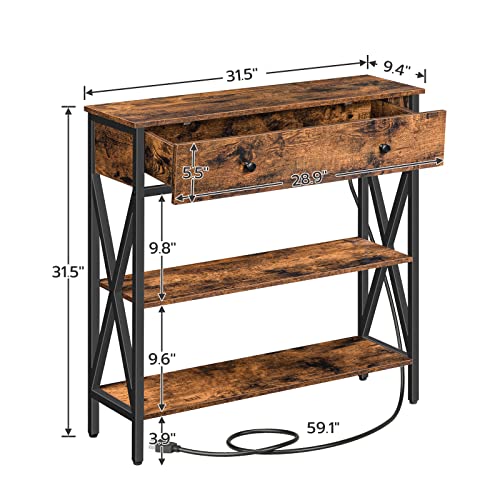 HOOBRO Console Table with Outlets and USB Ports, Narrow Entryway Table with Drawer, Small Sofa Table with 2 Storage Shelves, Behind Couch, Living Room, Hallway, Foyer, Kitchen, Rustic Brown BF88XG01