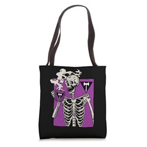 skeleton drinking coffee lgbt-q retro lesbian pride flag tote bag