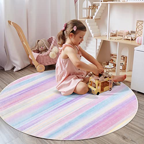 SHACOS Rainbow Round Rug 4ft Non Slip Cute Circle Rug Modern Abstract Rug Washable Accent Rug Colorful Rug for Kids Room Bedroom Dining Room Living Room