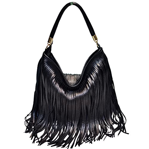 Teanea Fringe Tote Handbag PU Leather Hobo Bag Tassel Crossbody Shoulder Bag for Women, Black