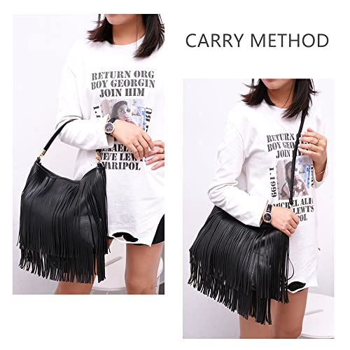 Teanea Fringe Tote Handbag PU Leather Hobo Bag Tassel Crossbody Shoulder Bag for Women, Black