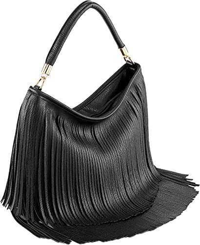 Teanea Fringe Tote Handbag PU Leather Hobo Bag Tassel Crossbody Shoulder Bag for Women, Black