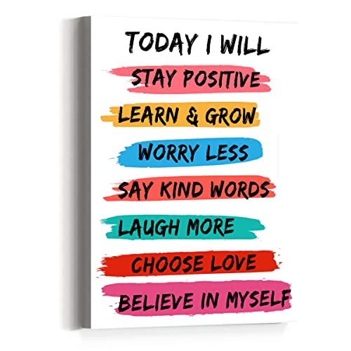 Positive Inspirational Quotes Wall Art Canvas,Today I Will Stay Positive Learn & Grow Motivational Canvas Prints Framed Wall Art for Kids Room Nursery Décor,Encouragement Gifts for Kids Teens