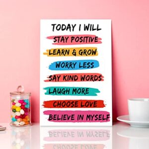 Positive Inspirational Quotes Wall Art Canvas,Today I Will Stay Positive Learn & Grow Motivational Canvas Prints Framed Wall Art for Kids Room Nursery Décor,Encouragement Gifts for Kids Teens