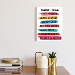 Positive Inspirational Quotes Wall Art Canvas,Today I Will Stay Positive Learn & Grow Motivational Canvas Prints Framed Wall Art for Kids Room Nursery Décor,Encouragement Gifts for Kids Teens