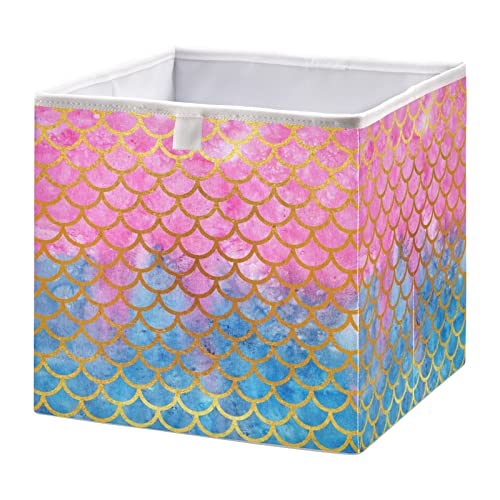 Mermaid Scales Fish Storage Baskets for Shelves Foldable Collapsible Storage Box Bins with Fabric Bins Cube Toys Organizers for Pantry Organizing Shelf Nursery Home Closet,11 x 11inch