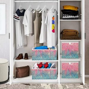 Mermaid Scales Fish Storage Baskets for Shelves Foldable Collapsible Storage Box Bins with Fabric Bins Cube Toys Organizers for Pantry Organizing Shelf Nursery Home Closet,11 x 11inch